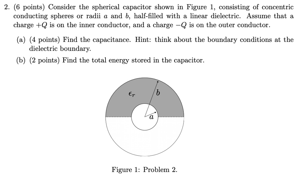 SOLVED: 2. (6 points) Consider the spherical capacitor shown in Figure 1, consisting of ...