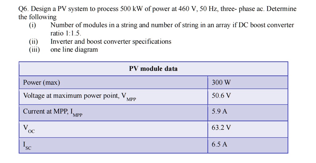 Q6. Design a PV system to process 500 kW of power at 460 V, 50 Hz ...