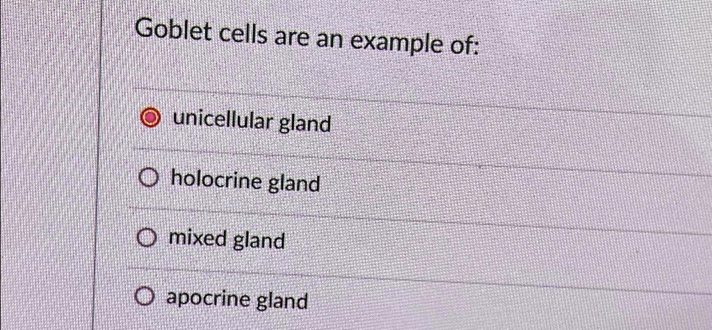 SOLVED: Goblet cells are an example of: unicellular gland holocrine ...