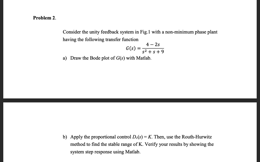 SOLVED: Problem 2. Consider the unity feedback system in Fig: with a non-minimum phase plant ...