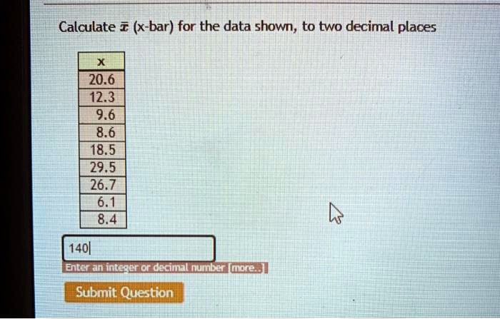 calculate x bar for the data shown to two decimal places 206 123 96 86 ...