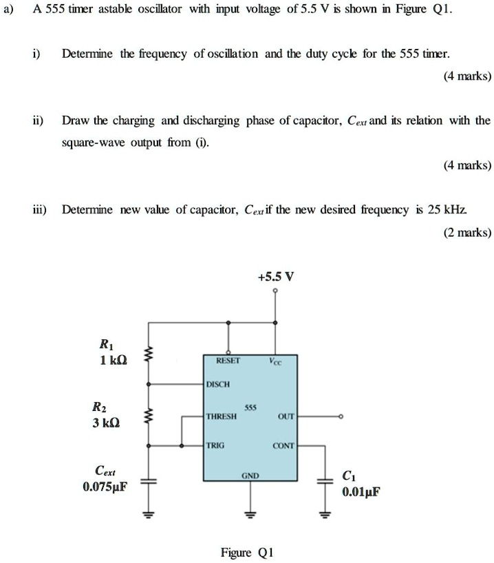 please help me a a 555 timer astable oscillator with input voltage of 55 v is shown in figure q1 ...