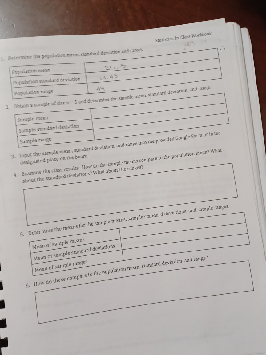 Statistics In-Class Workbook 1. Determine the population mean, standard ...