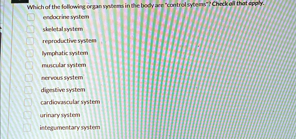SOLVED: Which of the following organ systems in the body are "control systems"? Check all that ...