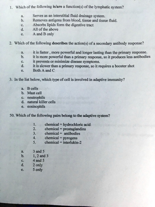 SOLVED: Which of the following are function(s) of the lymphatic system ...