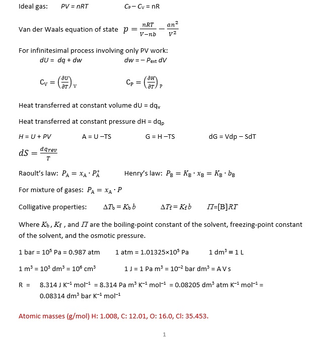 SOLVED: Ideal gas: PV = nRT C-C=nR nRT V-nb an2 Van der Waals equation ...