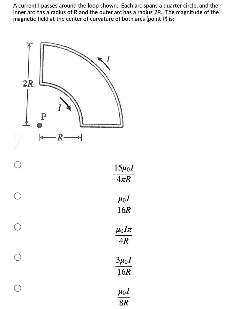 A current I passes around the loop shown. Each arc spans a quarter ...