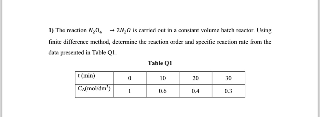 SOLVED: 1) The reaction N04 2N0 is carried out in a constant volume batch reactor. Using finite ...