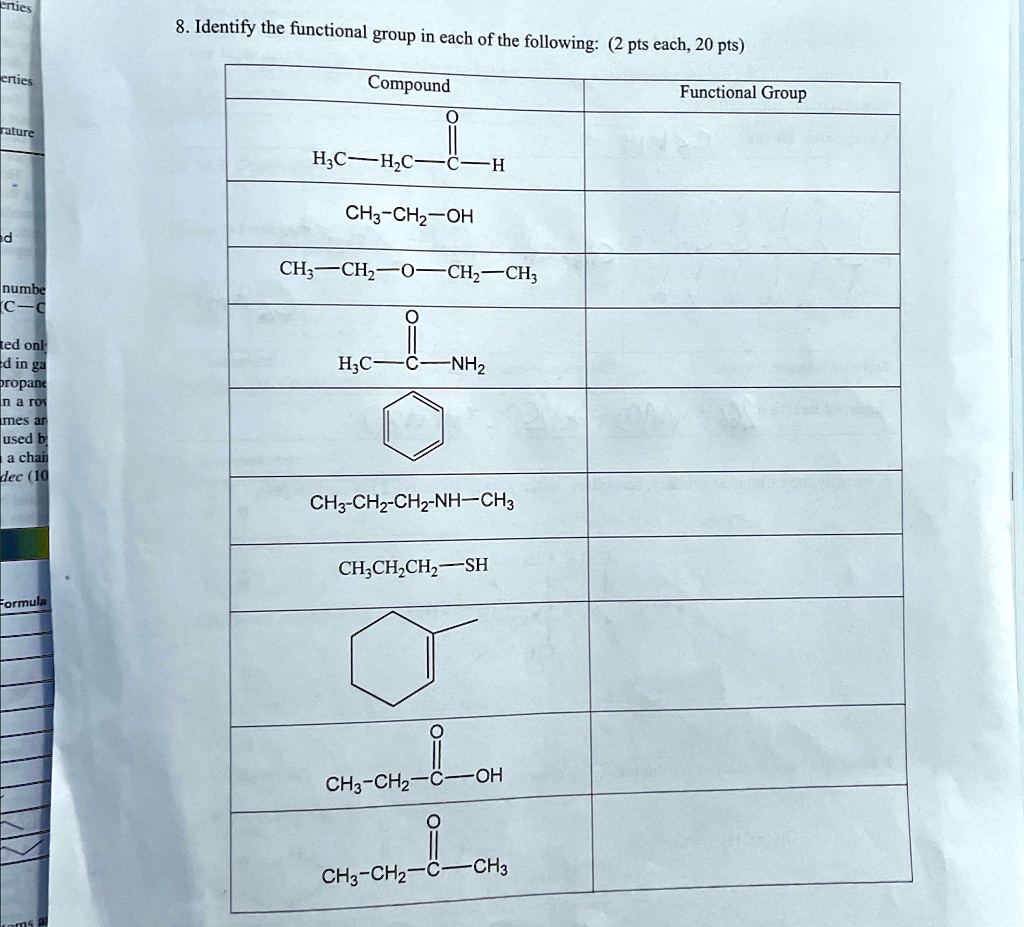 8. Identify the functional group in each of the following: (2 pts each, 20 pts) Functional Group ...
