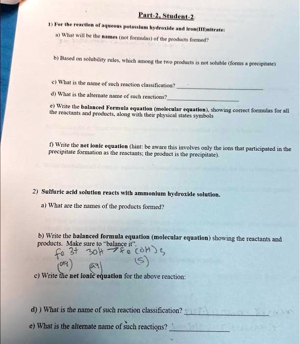 Part-2, Student-2 1) For the reaction of aqueous potassium hydroxide ...
