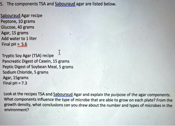 SOLVED: The components TSA and Sabouraud agar are listed below ...