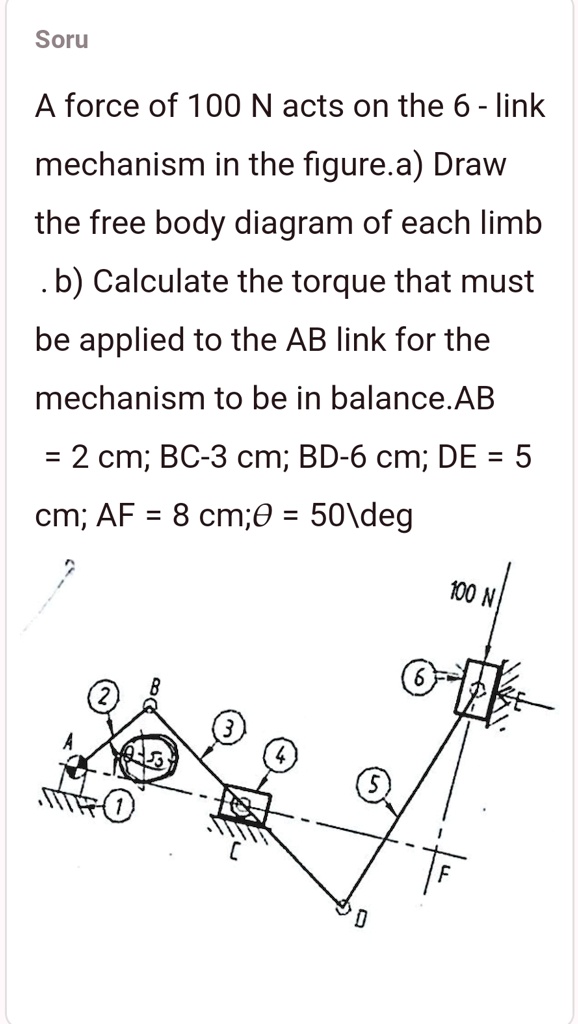 soru a force of 100 n acts on the 6 link mechanism in the figure a draw ...