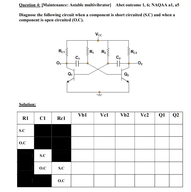 SOLVED: Question 4: [Maintenance: Astable multivibrator] Abet outcome 1,6; NAQAA al, a5 Diagnose ...