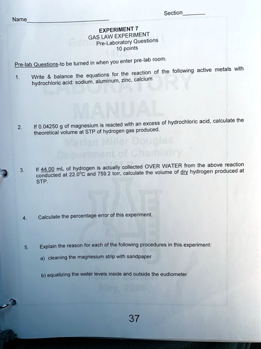 SOLVED: Seclion Name EXPERIMENT GAS LAW EXPERIMENT Pre-Laboratory Questions points enter pre-lab ...