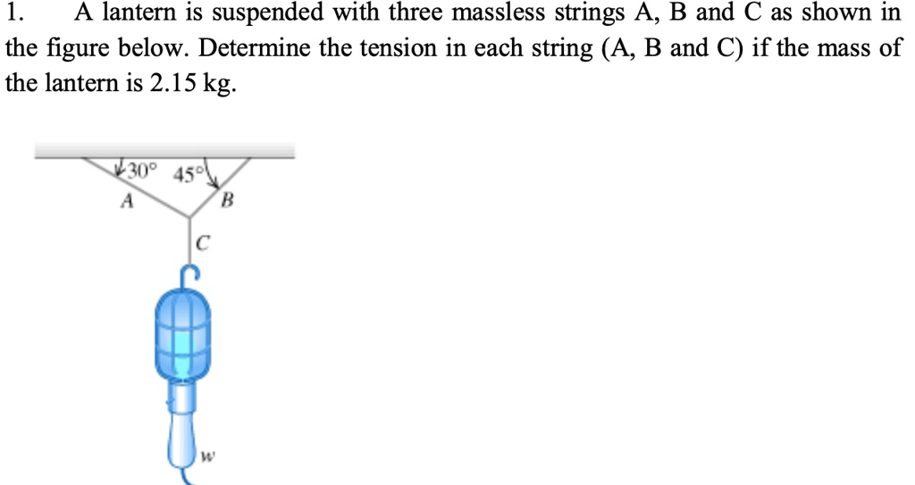 1. A lantern is suspended with three massless strings A, B and C as shown in the figure below ...