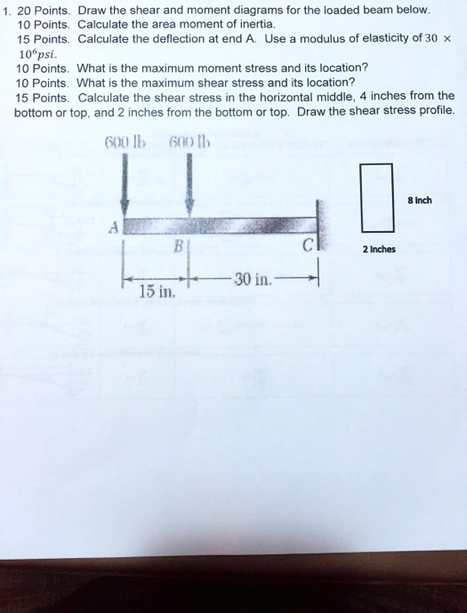 1. 20 Points. Draw the shear and moment diagrams for the loaded beam below. 10 Points. Calculate ...