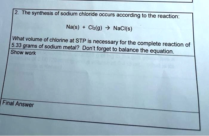 SOLVED: The synthesis of sodium chloride occurs according to the ...
