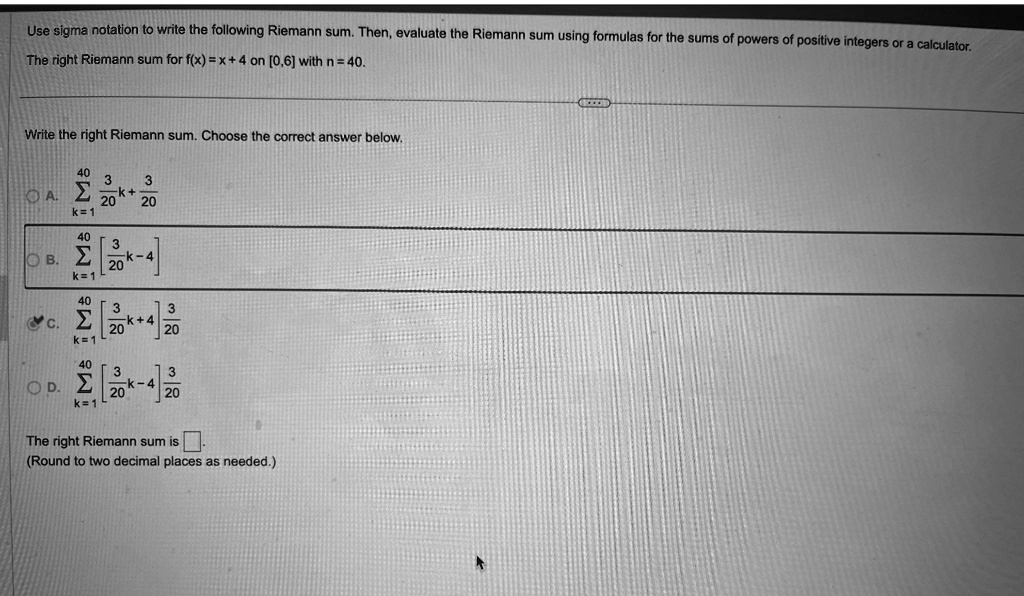 SOLVED: Use sigma notation to write the following Riemann sum. Then, evaluate the Riemann sum ...
