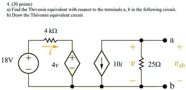 4. (20 points) a) Find the Thévenin equivalent with respect to the terminals a, b in the ...
