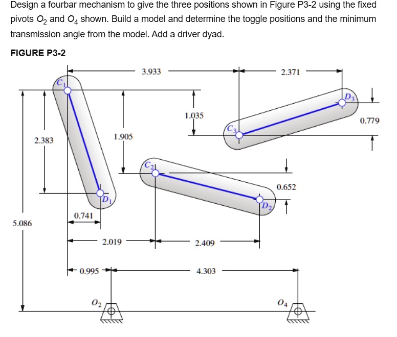 SOLVED: Design a four-bar mechanism to give the three positions shown ...