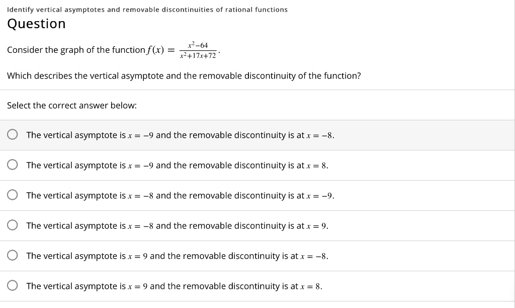SOLVED: Identify vertical asymptotes and removable discontinuities of ...