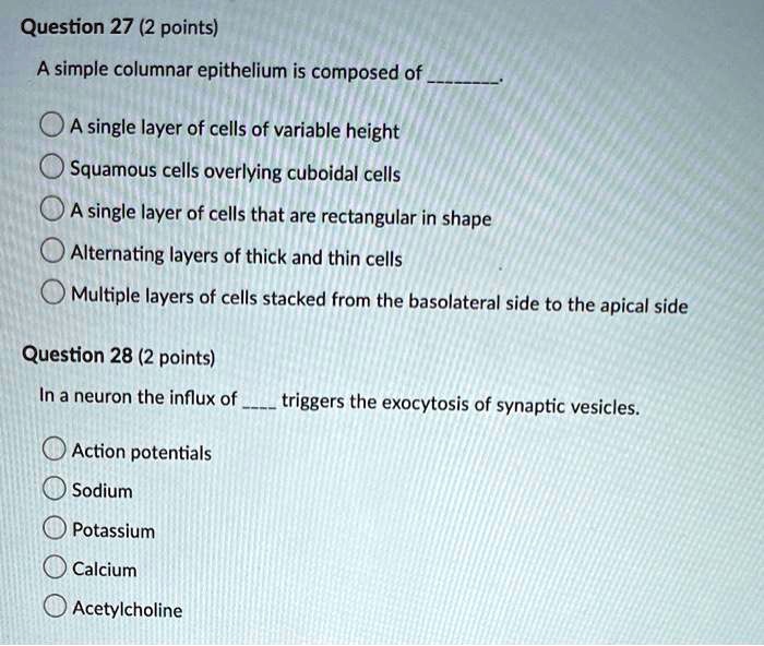 SOLVED: Question 27 (2 points) A simple columnar epithelium is composed ...