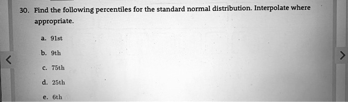 SOLVED: 30. Find the following percentiles for the standard normal distribution: Interpolate ...