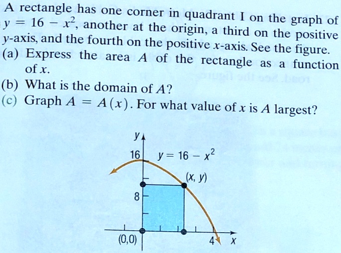 rectangle has one corner in quadrant 16 x another on the graph of at ...
