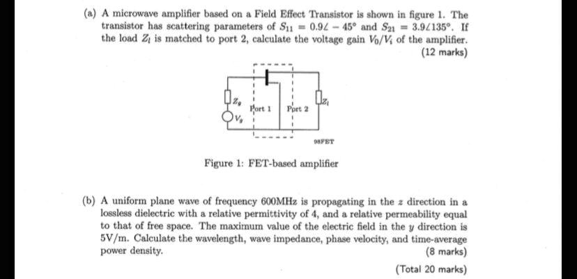 SOLVED: a A microwave amplifier based on a Field Effect Transistor is shown in figure 1. The ...