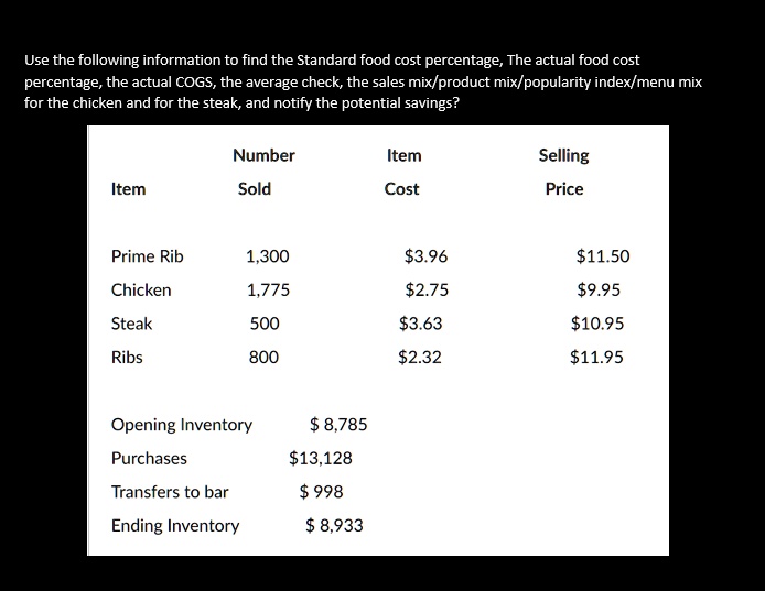 SOLVED: Use the following information to find the Standard food cost ...