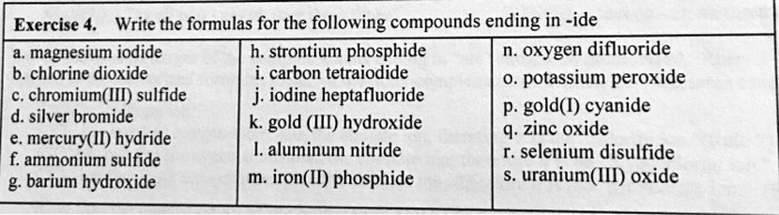 SOLVED: Exercise 4 Write the formulas for the following compounds ...