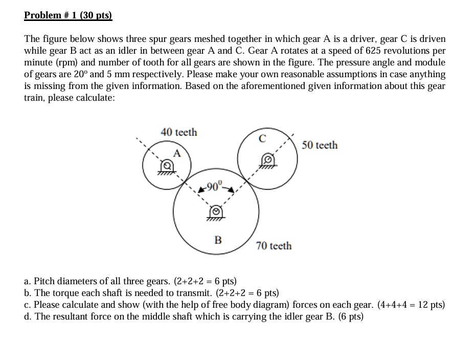 problem 1 30 pts the figure below shows three spur gears meshed together in which gear a is a ...