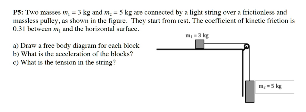 SOLVED: PS: Two masses m = 3 kg and mz = 5 kg are connected by a light string over a ...