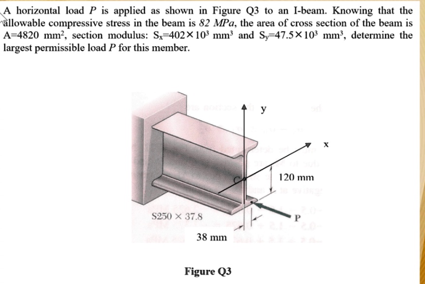 A horizontal load P is applied as shown in Figure Q3 to an I-beam. Knowing that the allowable ...