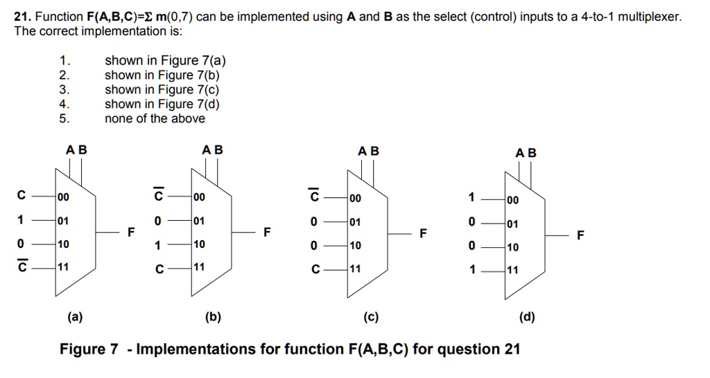 SOLVED: Function F(A,B,C) = m(0,7) can be implemented using A and B as the select (control ...