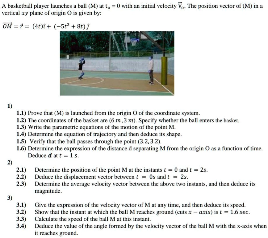 A basketball player launches a ball (M) at t = 0 with an initial ...