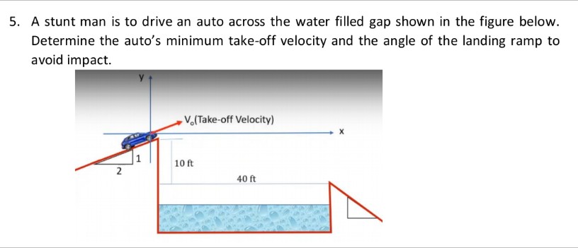 5 a stunt man is to drive an auto across the water filled gap shown in ...
