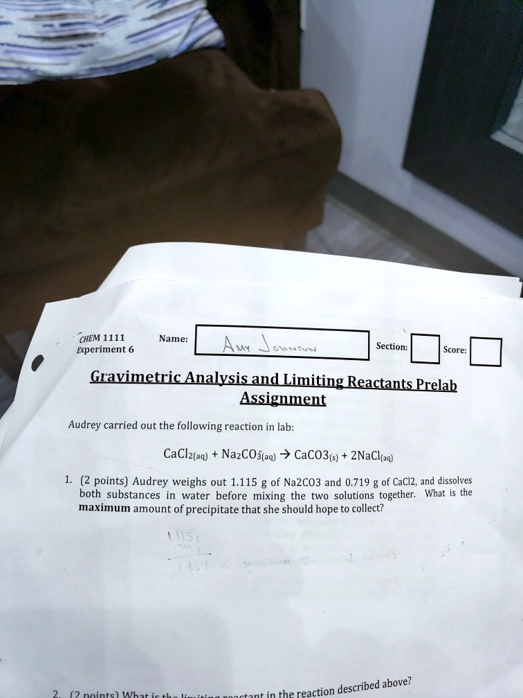 SOLVED: CHEM 1111 Experiment 6 Name: My 612tiSut Section: Score: Gravimetric Analysis and ...
