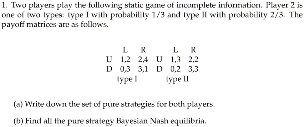 1 two players play the following static game of incomplete information player 2 is one of two ...
