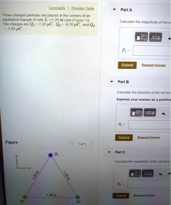 SOLVED: Periodic Table: Constants Three charged particles are placed at the corners of an ...