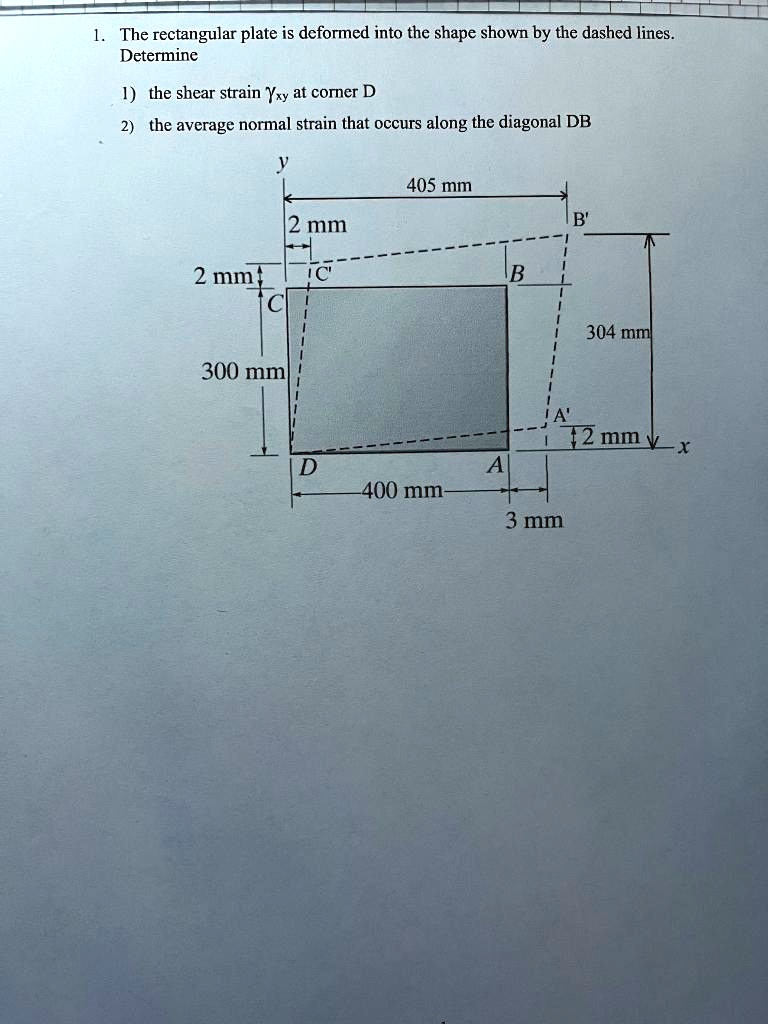 1. The rectangular plate is deformed into the shape shown by the dashed ...