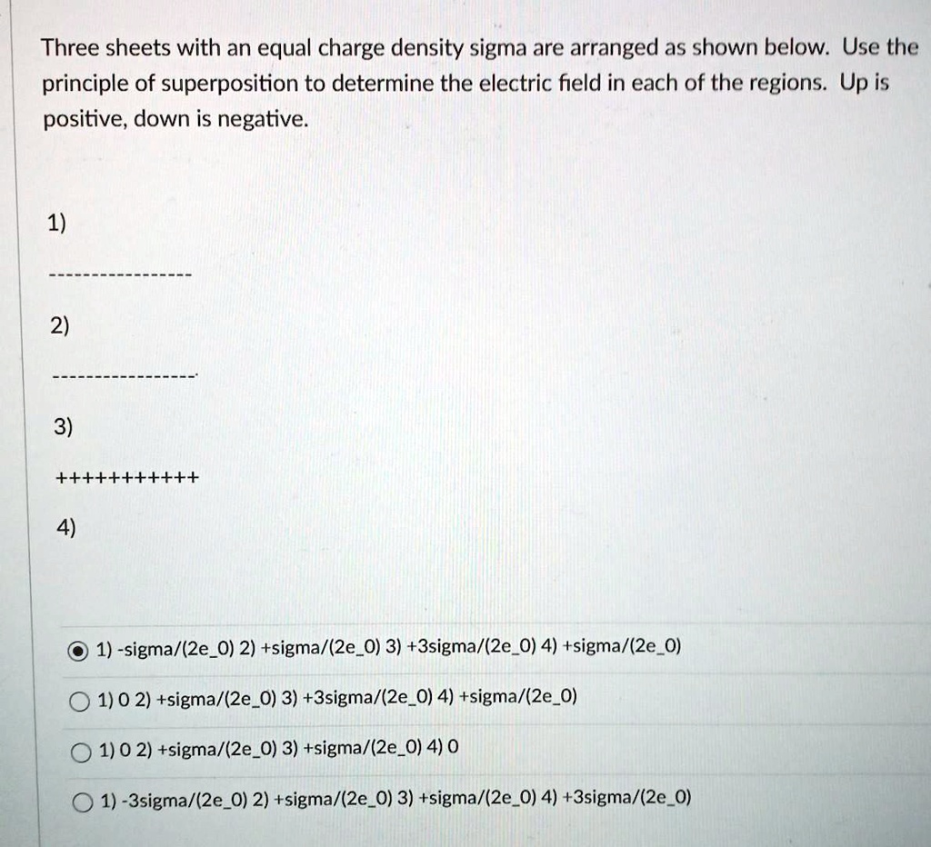 SOLVED: Three sheets with an equal charge density sigma are arranged as shown below: Use the ...