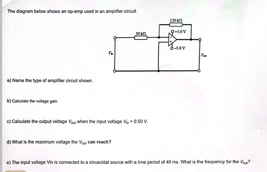 SOLVED: The diagram below shows an op-amp used in an amplifier circuit. 120k 30k +5.0V -5.0V a ...
