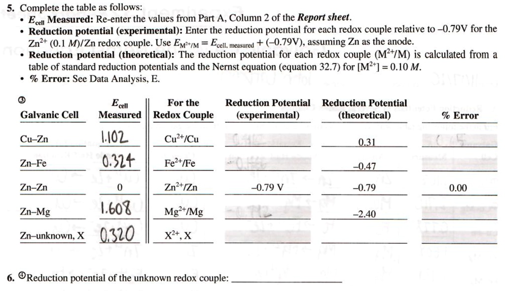 SOLVED: 5. Complete the table as follows: Ecell Measured: Re-enter the values from Part A ...