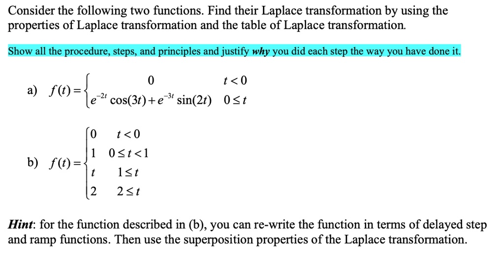 SOLVED: Consider the following two functions. Find their Laplace transformation by using the ...