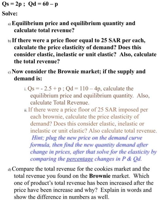Qs = 2p; Qd = 60 - p Solve: a) Equilibrium price and equilibrium quantity and calculate total ...
