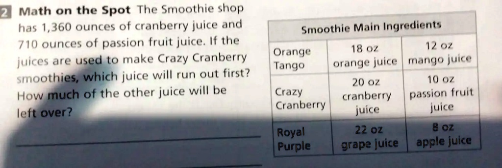 2 Math on the Spot The Smoothie shop has 1,360 ounces of cranberry ...
