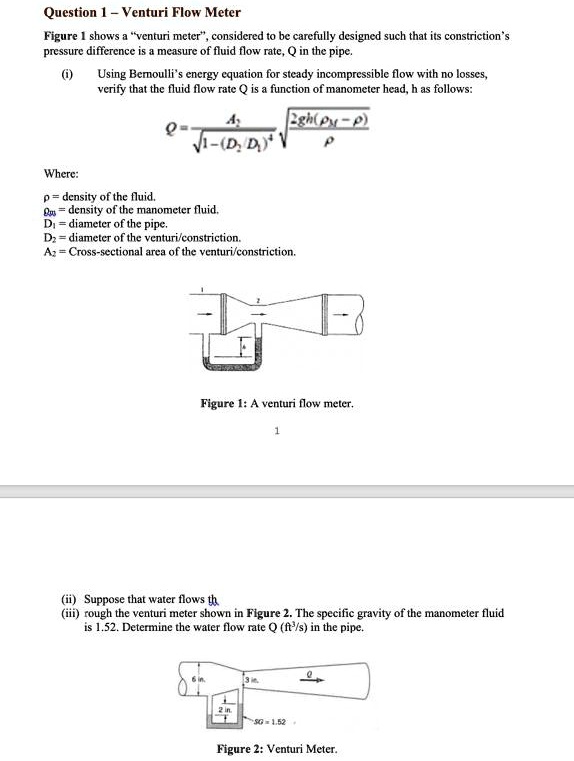 SOLVED: Question 1 - Venturi Flow Meter Figure I shows a venturi meter, considered to be ...