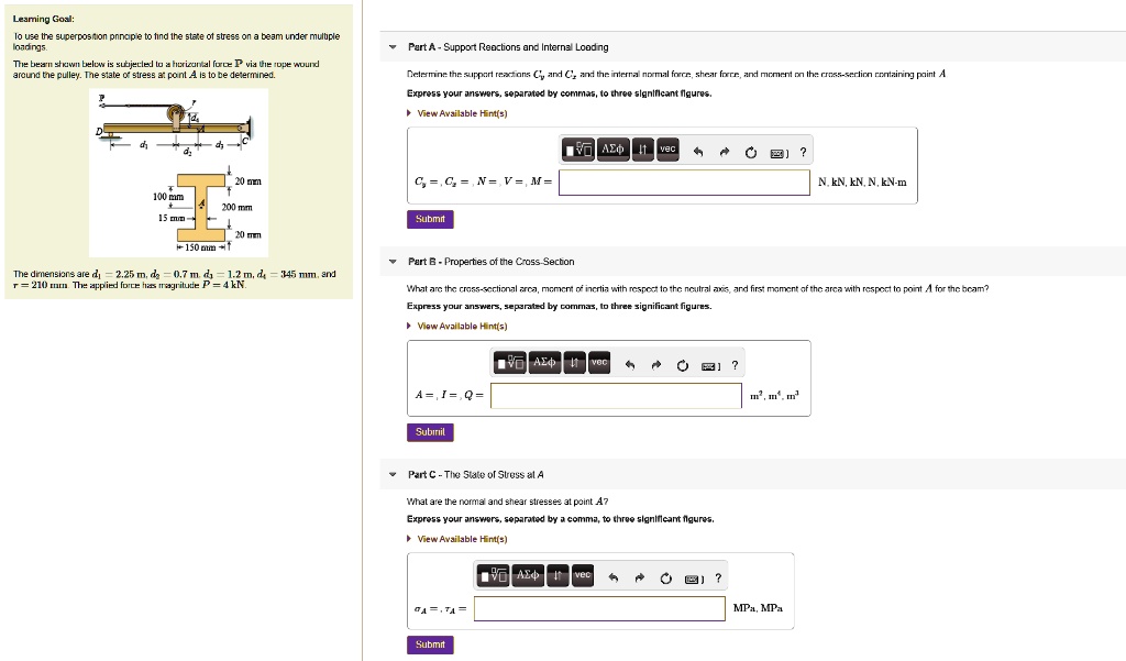 SOLVED: Learning Goal: To use the superposition principle to find the state of stress on a beam ...