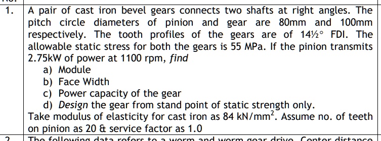 SOLVED: A pair of cast iron bevel gears connects two shafts at right ...